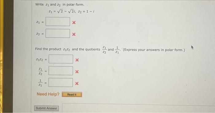 Solved Write Z1 And Z2 In Polar Form Z1 2−2i Z2 1−iz1 X