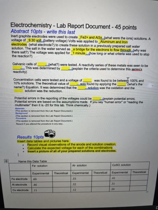 Electrochemistry - Lab Report Document - 45 points | Chegg.com