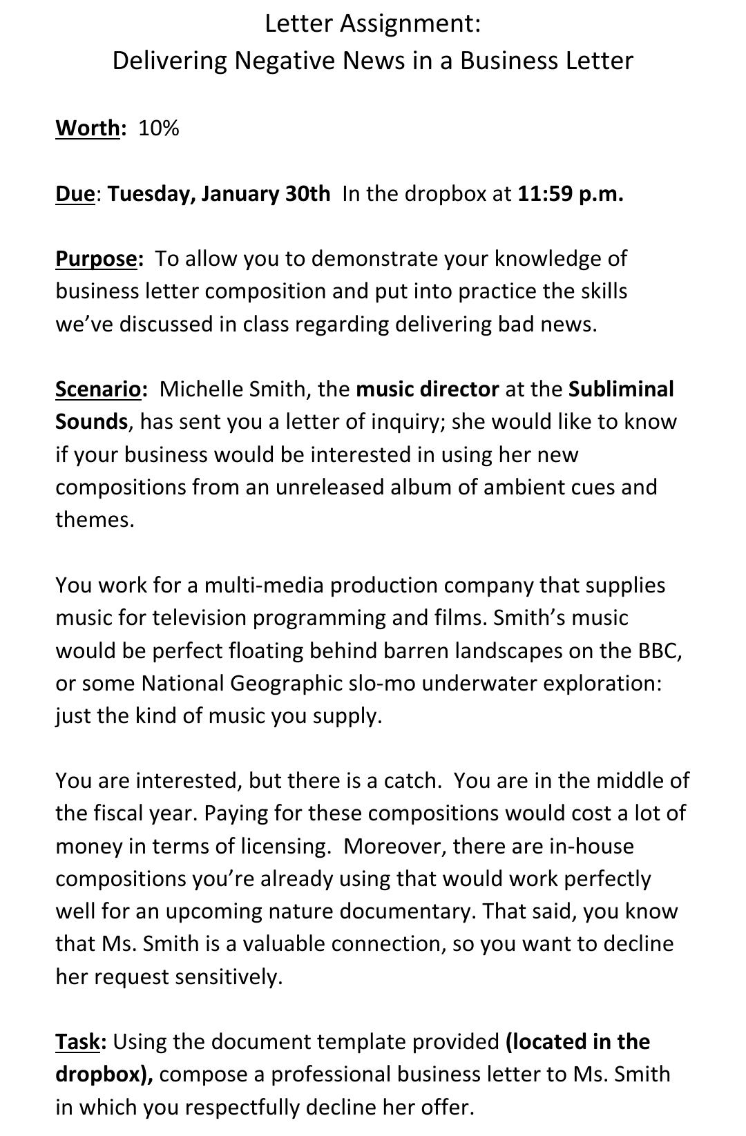 Solved Letter Assignment:Delivering Negative News in a | Chegg.com