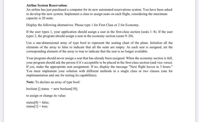 Solved Airline System Reservation: An airline has just | Chegg.com