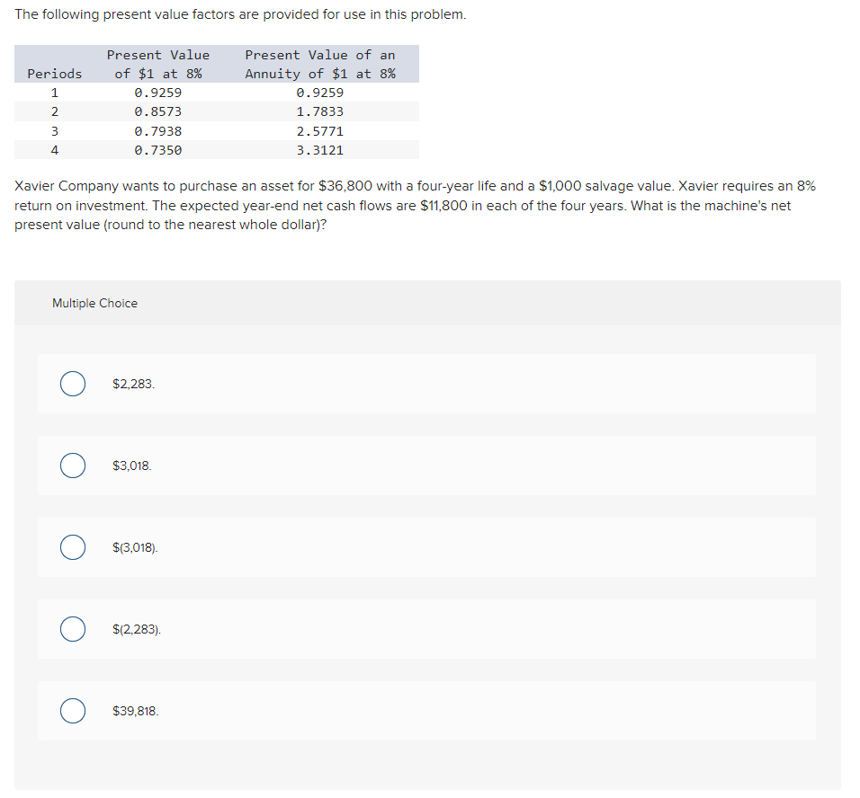 Solved The following present value factors are provided for | Chegg.com