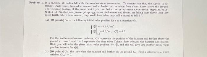 Solved lem 1. In a vpeurm, all bodies fall with the same | Chegg.com
