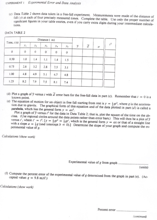 Solved EXPERIMENT I Experimental Error and Data Analysis le) | Chegg.com