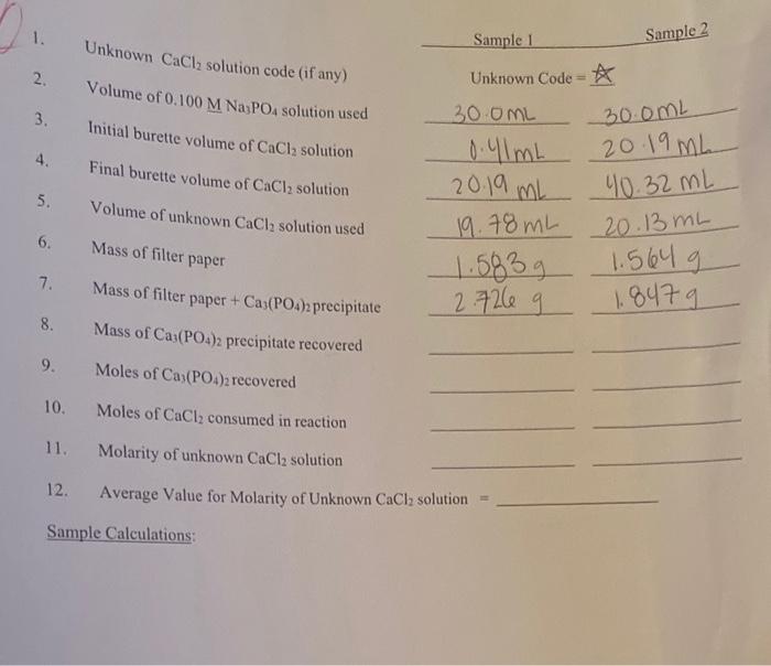 Solved 1. Unknown CaCl2 solution code (if any) Sample I | Chegg.com
