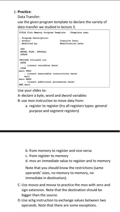 Solved 1- Practice: Data Transfer: use the given program | Chegg.com