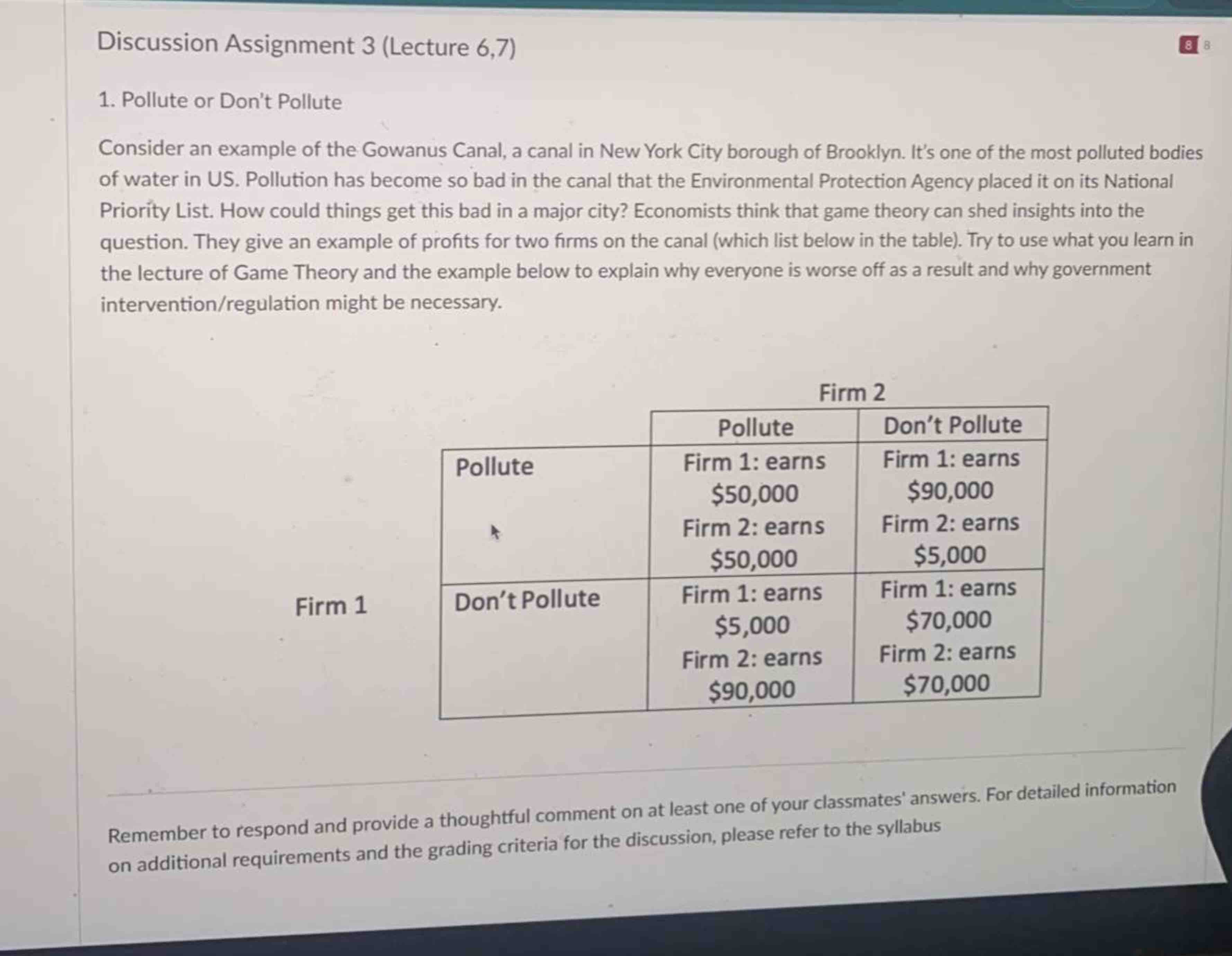 Solved Discussion Assignment 3 (Lecture 6,7)Pollute or Don't | Chegg.com