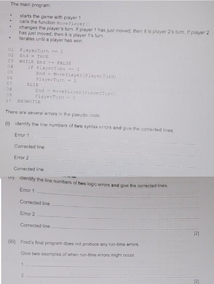 Solved - starts the game with player 1 - calls the function | Chegg.com