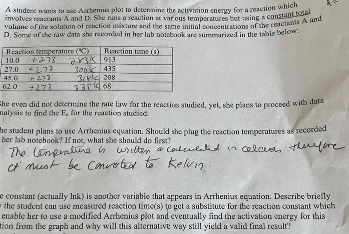 Solved A student wants to use Arrhenius plot to determine | Chegg.com