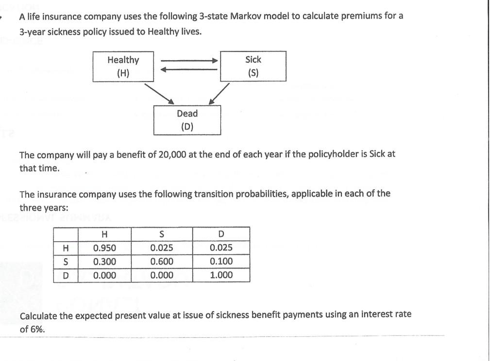 Solved A life insurance company uses the following 3-state | Chegg.com