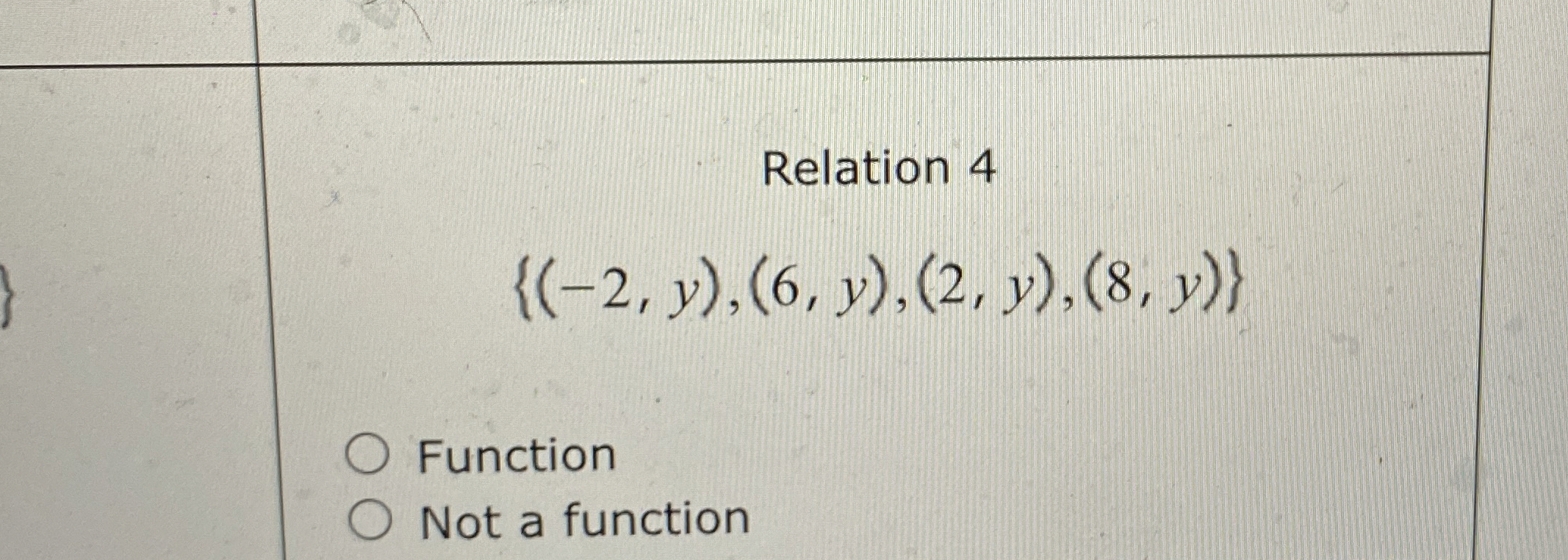 Solved Relation 4{(-2,y),(6,y),(2,y),(8,y)} ﻿Function ﻿Not | Chegg.com