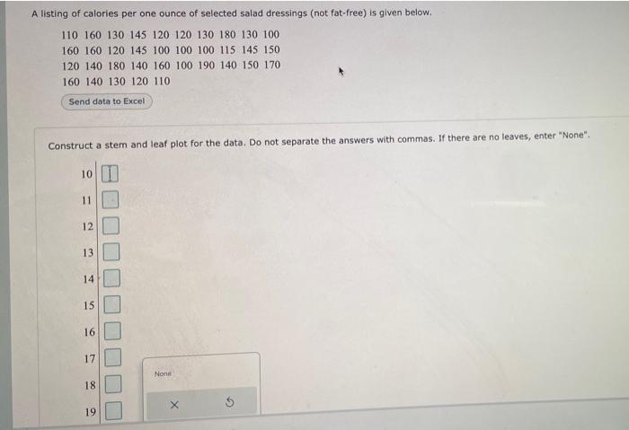 Solved A listing of calories per one ounce of selected salad | Chegg.com