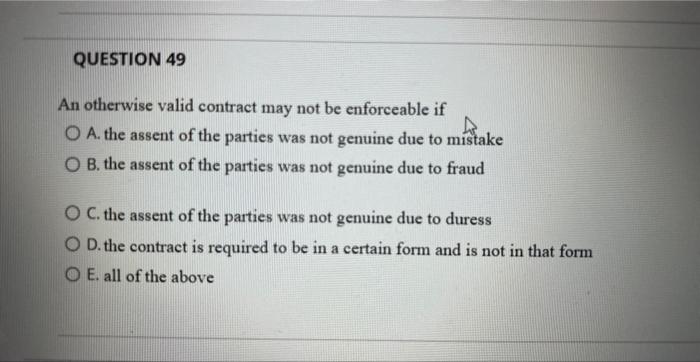 Solved An otherwise valid contract may not be enforceable if | Chegg.com