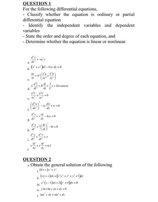Solved QUESTION 1 For the following differential equations, | Chegg.com