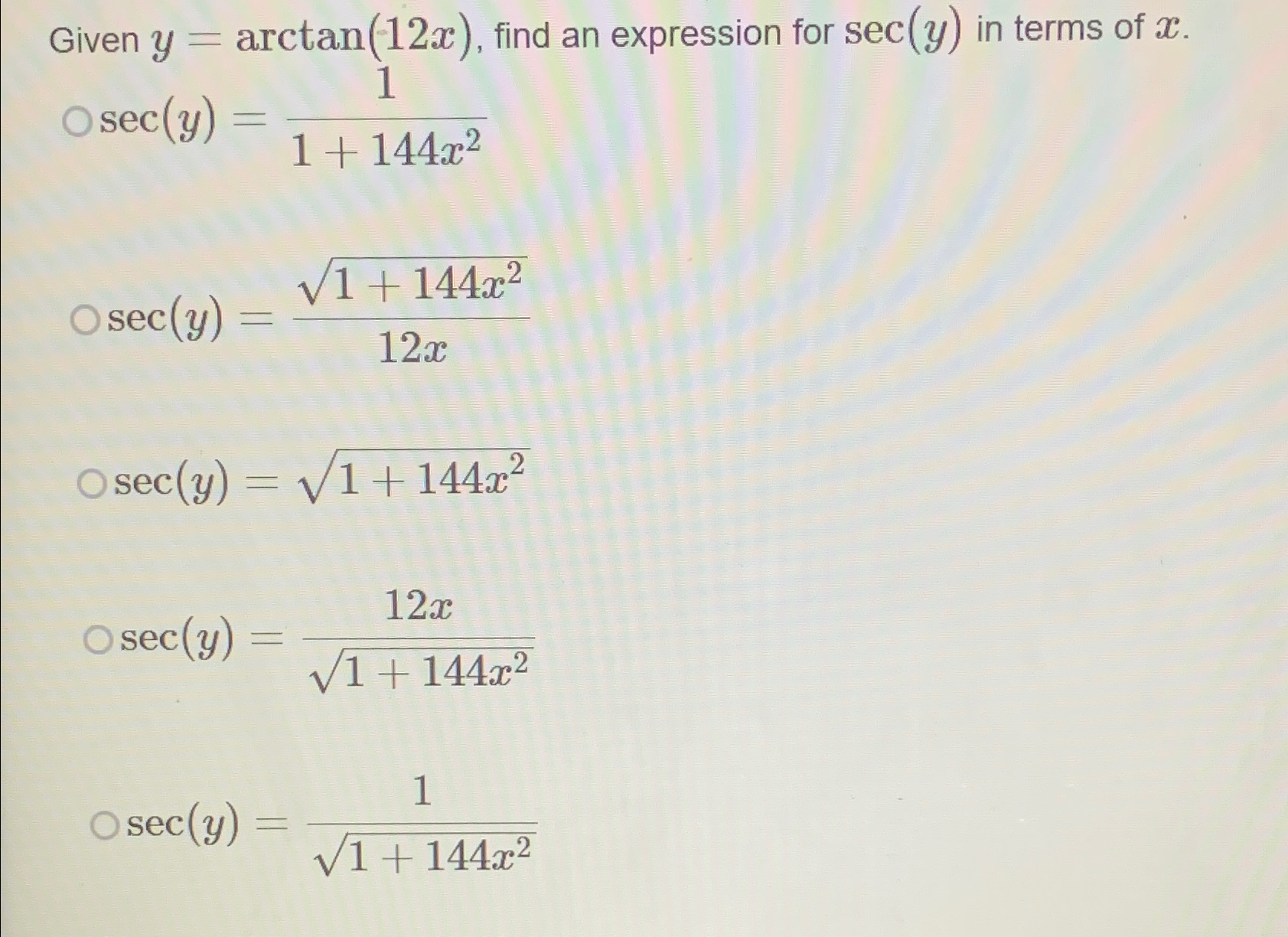 Solved Given y=arctan(12x), ﻿find an expression for sec(y) | Chegg.com
