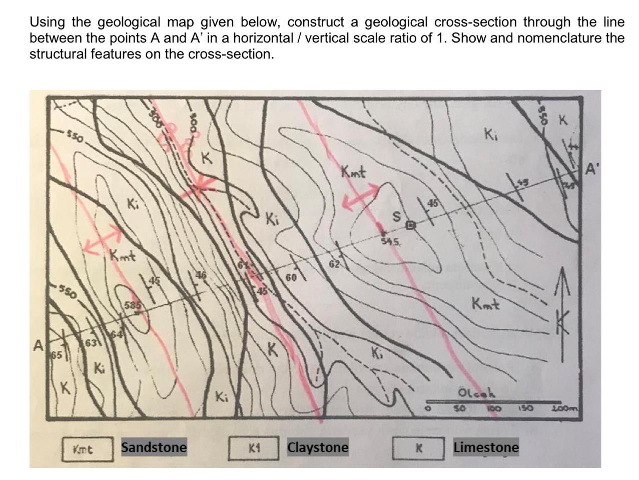 Solved Using the geological map given below, construct a | Chegg.com