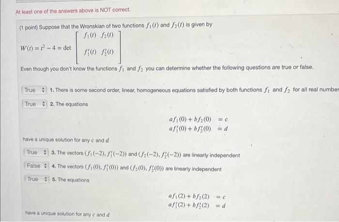 Solved (1 point) Suppose that the Wronskian of two functions | Chegg.com