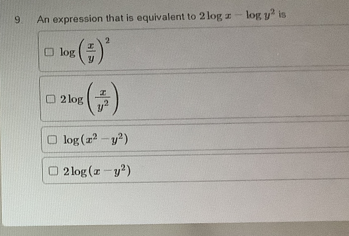 Solved An expression that is equivalent to 2logx-logy2 | Chegg.com