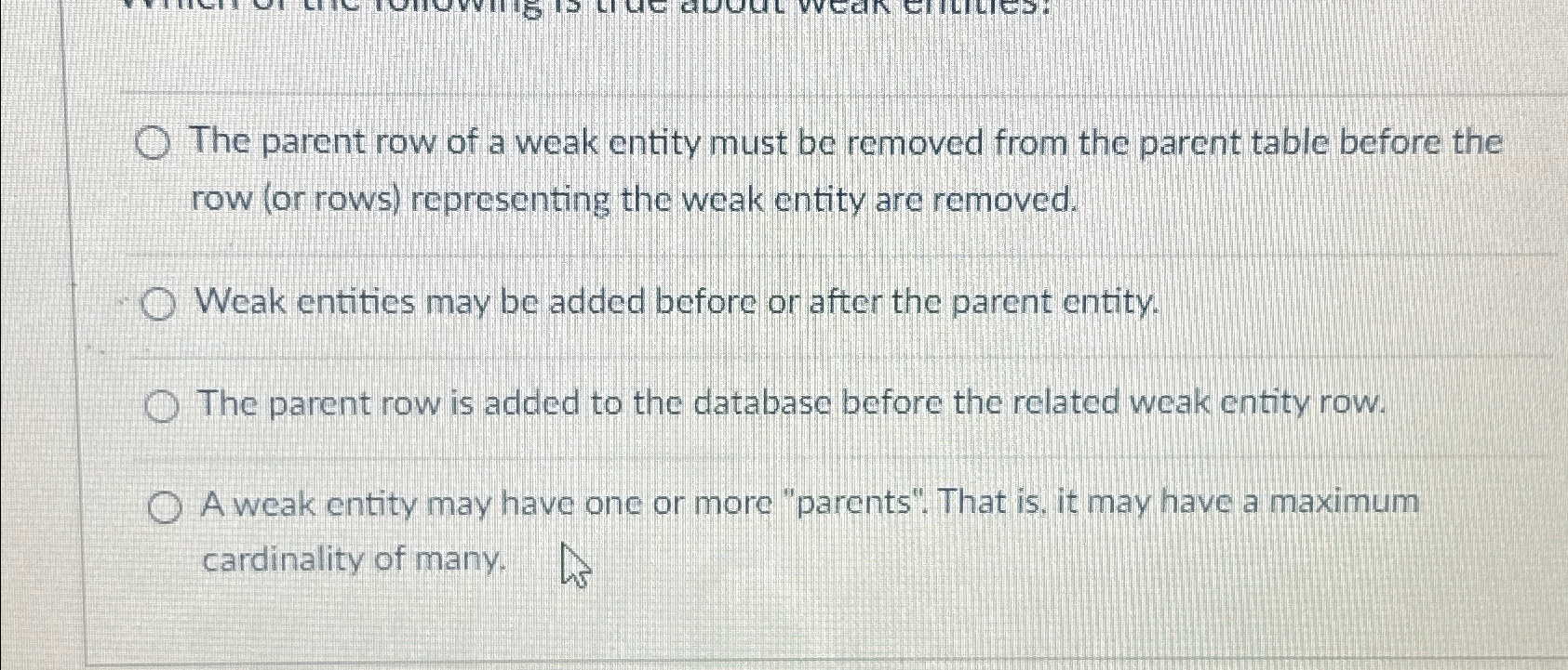 Solved The parent row of a weak entity must be removed from | Chegg.com