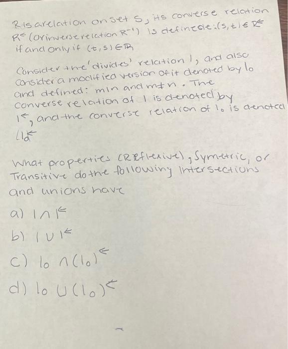 Solved Ris arelation on set S, its converse relation R← | Chegg.com