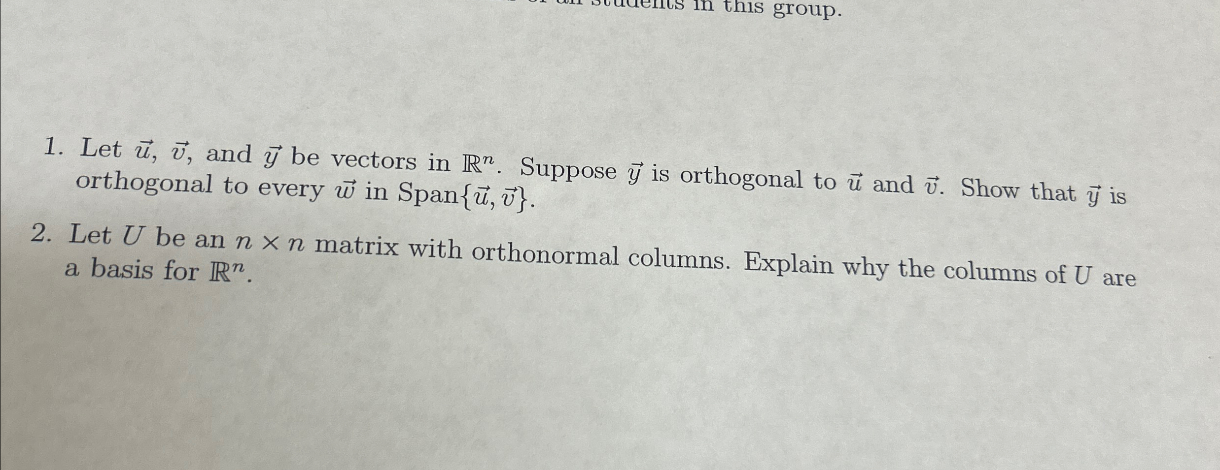 Solved Let vec(u),vec(v), ﻿and vec(y) ﻿be vectors in Rn. | Chegg.com