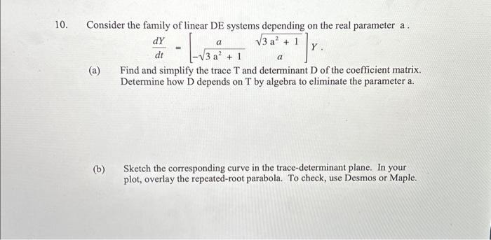 Solved Consider the family of linear DE systems depending on | Chegg.com