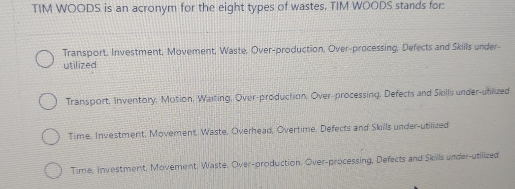 Solved TIM WOODS is an acronym for the eight types of | Chegg.com
