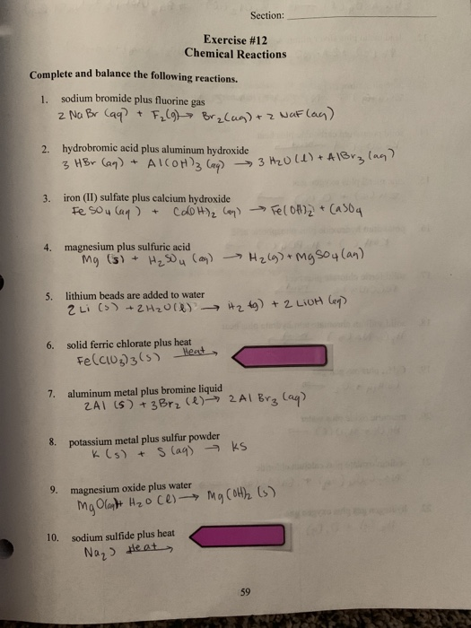 Solved Section: Exercise #12 Chemical Reactions Complete and | Chegg.com
