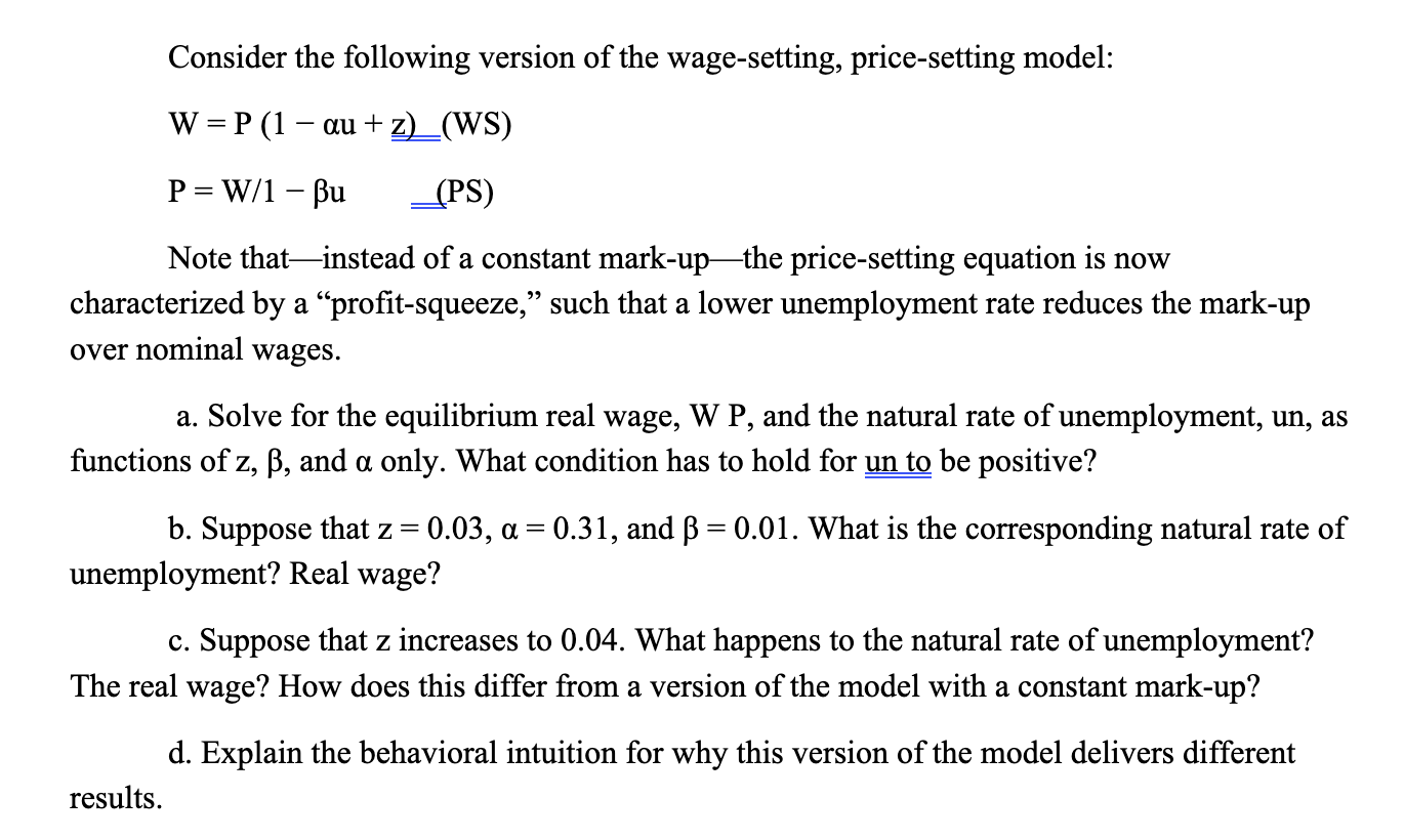 Solved Consider the following version of the wage-setting, | Chegg.com