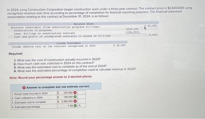 Solved In 2024, Long Construction Corporation began | Chegg.com
