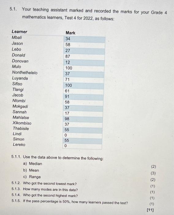 Solved 5.1. Your teaching assistant marked and recorded the | Chegg.com