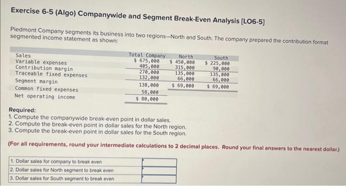Solved Exercise 6-5 (Algo) Companywide and Segment | Chegg.com