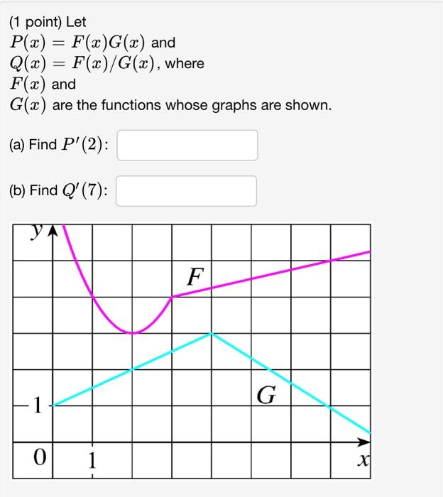 Solved (1 point) Let P(x)=F(x)G(x) and Q(x)=F(x)/G(x), where | Chegg.com Solved (1 point) Let P(x)=F(x)G(x) and Q(x)=F(x)/G(x), where | Chegg.com