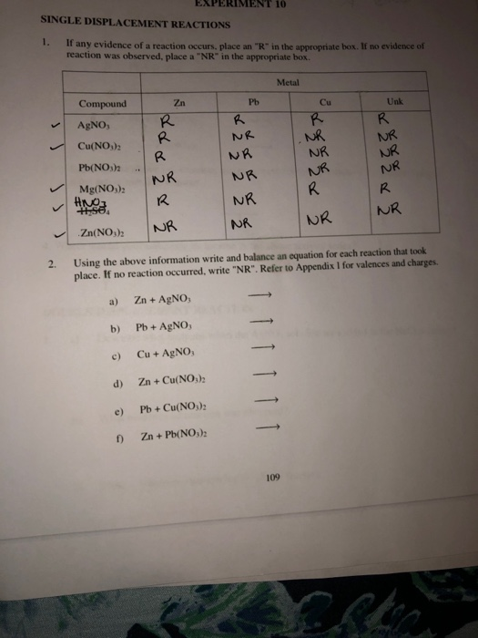 Solved 10 SINGLE DISPLACEMENT REACTIONS 1. If any evidence | Chegg.com