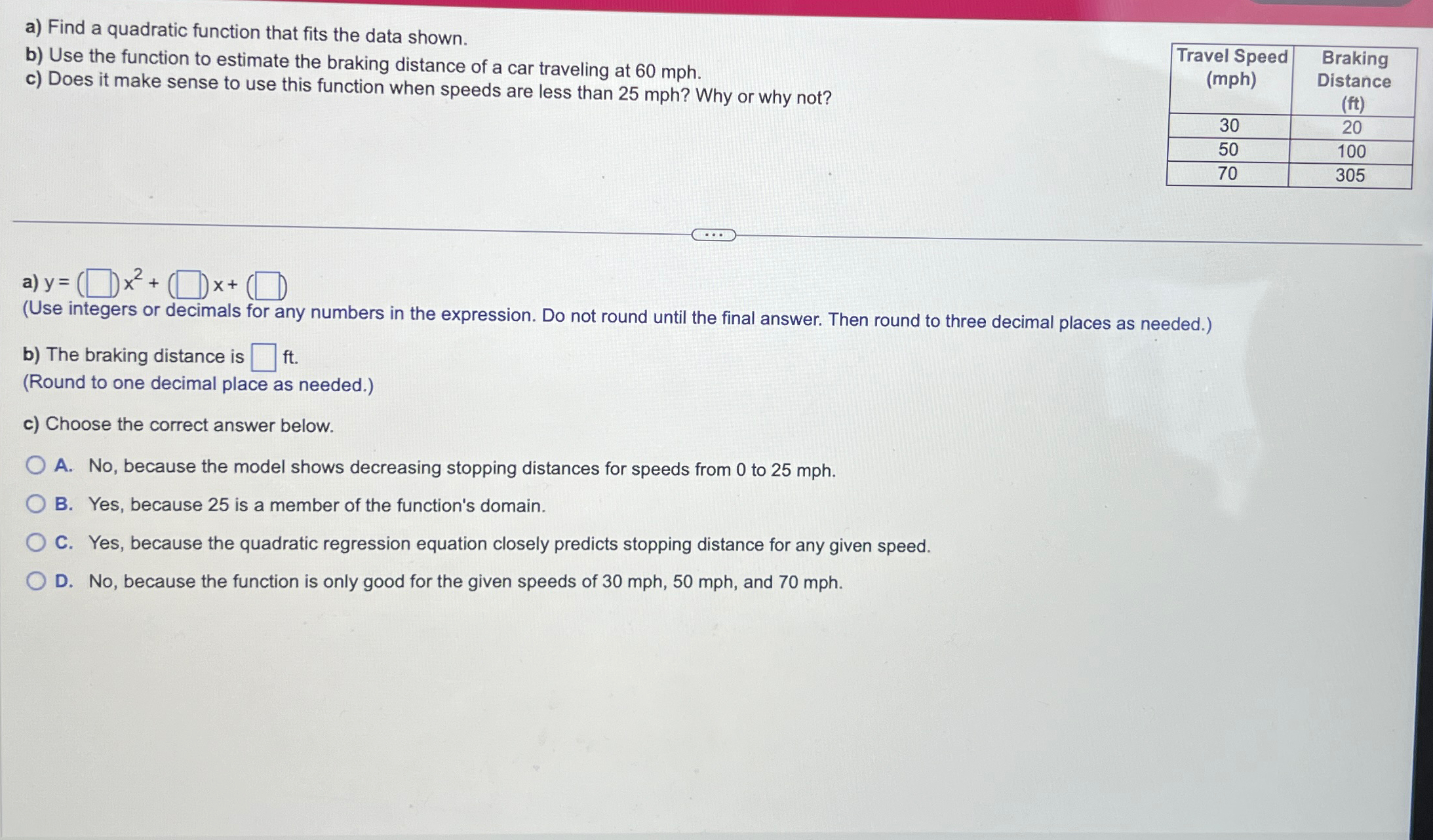 Solved a) ﻿Find a quadratic function that fits the data | Chegg.com