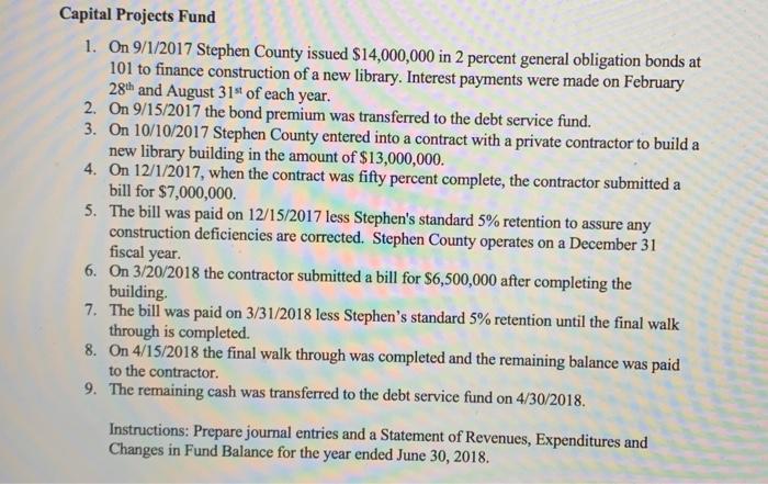 Solved Capital Projects Fund 1. On 9/1/2017 Stephen County | Chegg.com