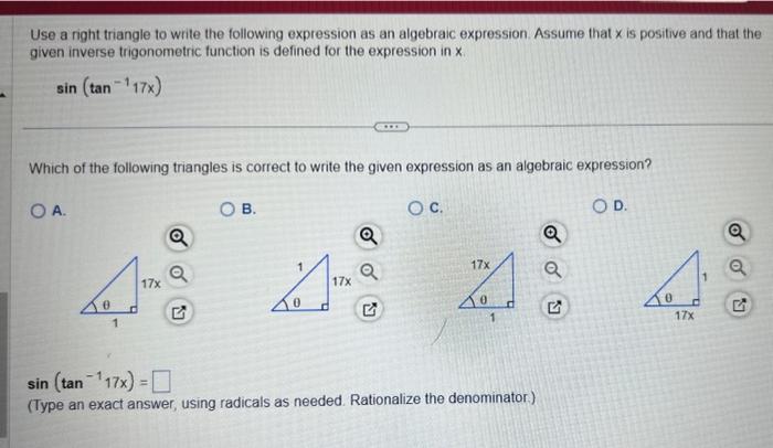 Solved Use a right triangle to write the following | Chegg.com