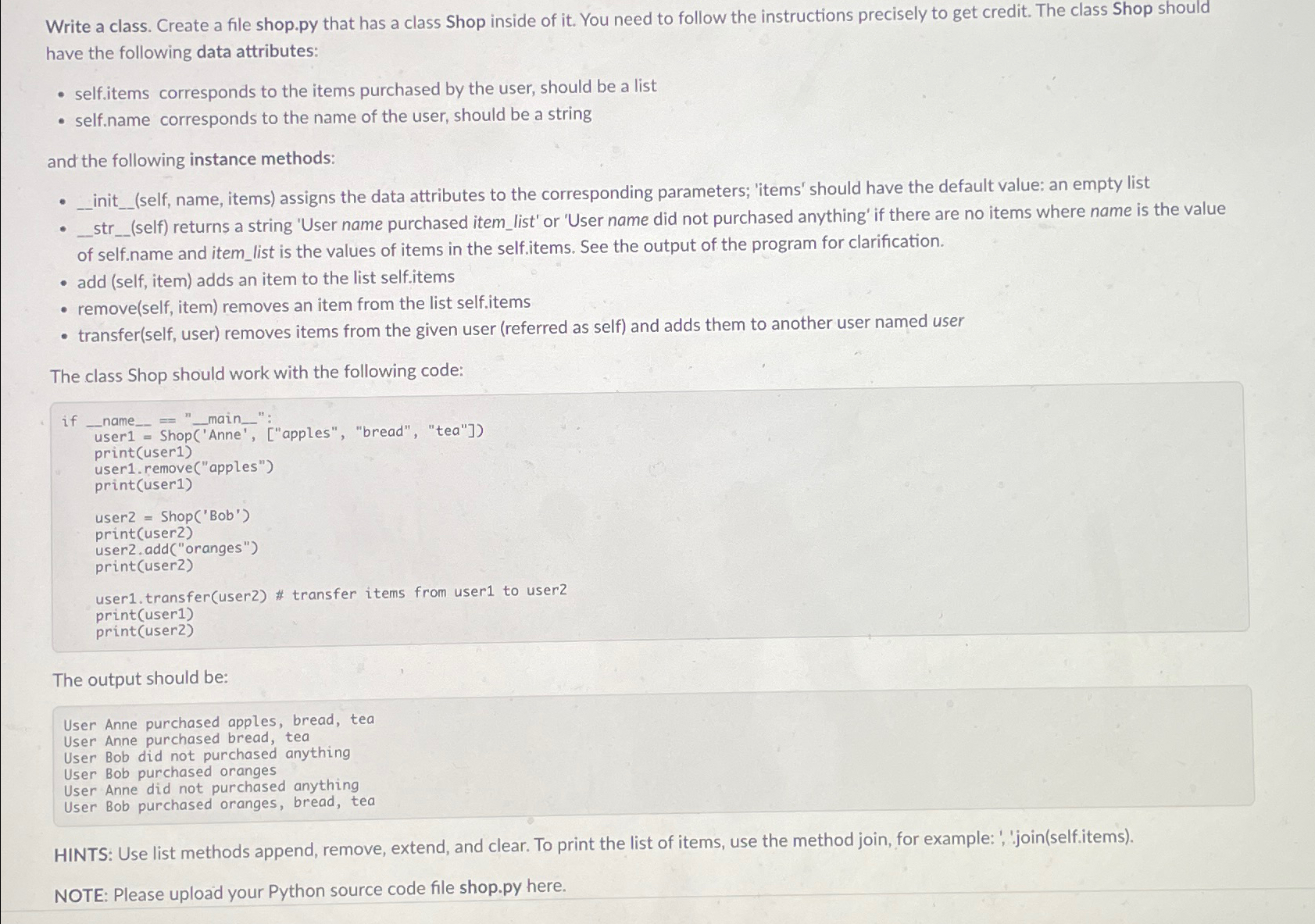 Solved Write a class. Create a file shop.py that has a class | Chegg.com