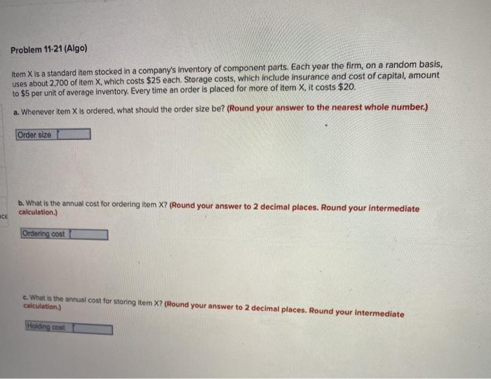 Solved Problem 11-21 (Algo) Item X is a standard Item | Chegg.com