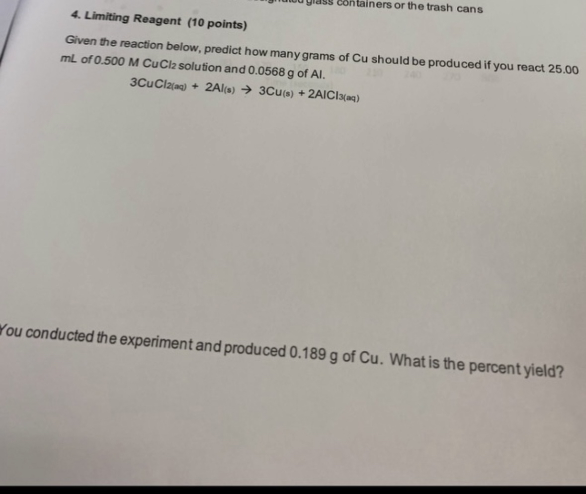 Solved Limiting Reagent (10 ﻿points)Given the reaction | Chegg.com