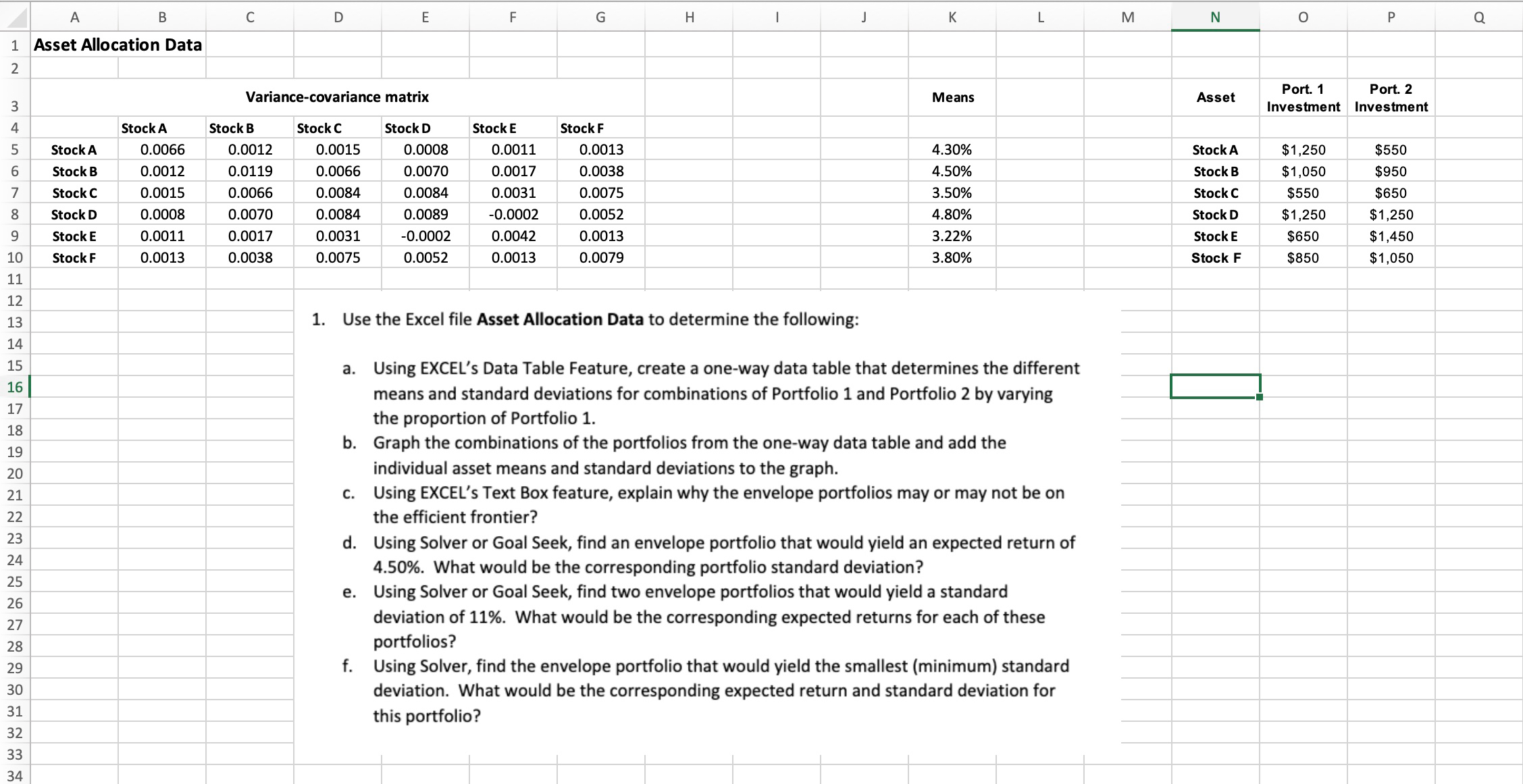 Solved Asset Allocation Dataa. ﻿Using EXCEL's Data Table | Chegg.com