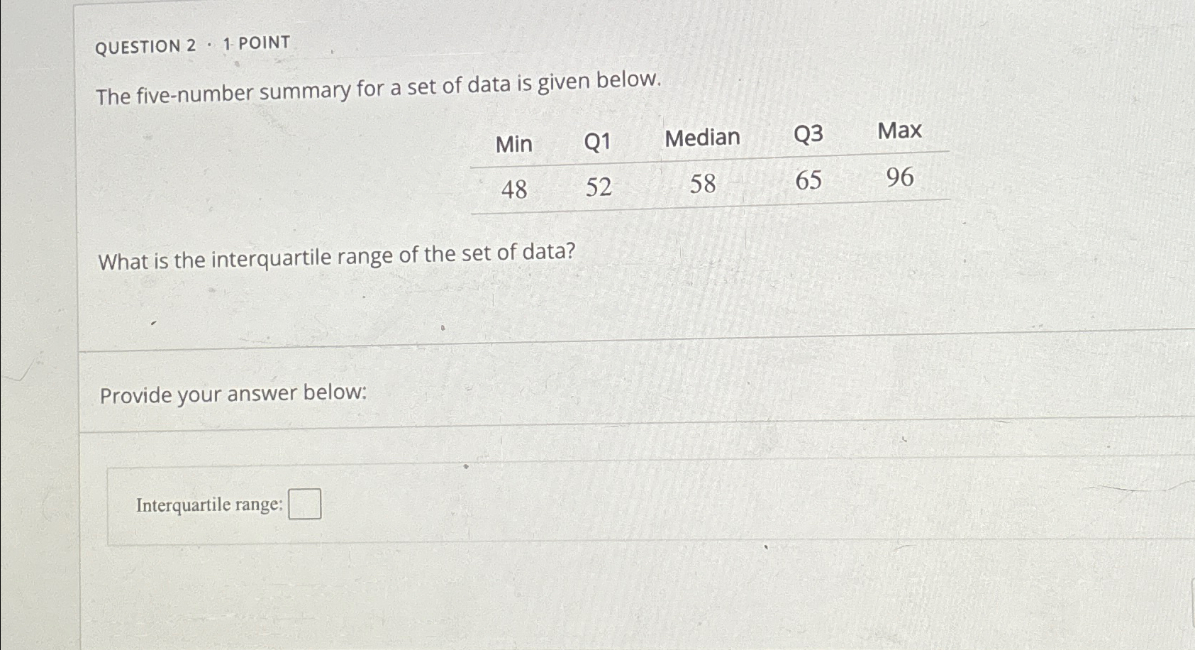 Solved QUESTION 2 - 1- ﻿POINTThe five-number summary for a | Chegg.com