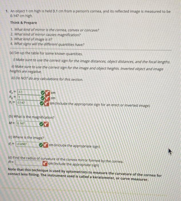 Solved 1. An object 1 cm high is held 3.1 cm from a person's | Chegg.com