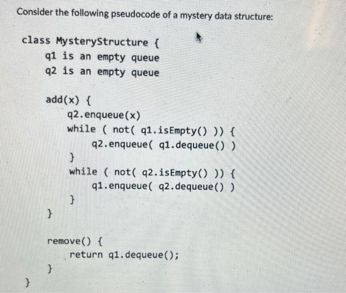 Solved Consider the following pseudocode of a mystery data | Chegg.com