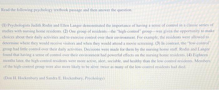 Solved Psychologists Judith Rodin and Ellen Langer | Chegg.com