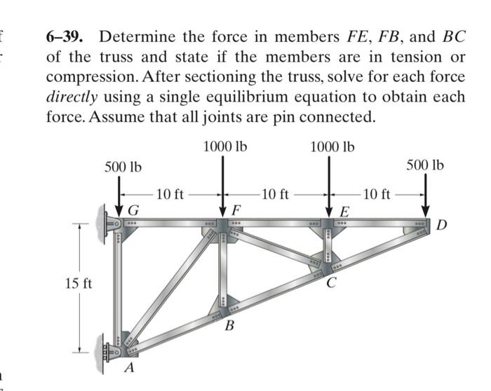 Solved 6-39. Determine the force in members FE,FB, and BC of | Chegg.com