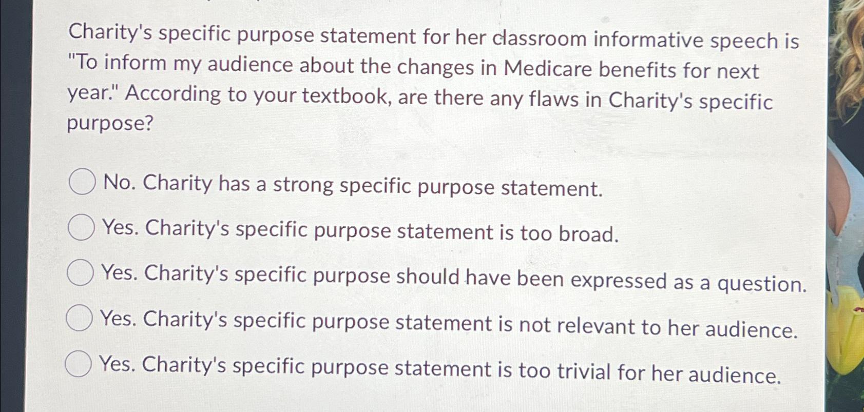 Solved Charity's specific purpose statement for her | Chegg.com