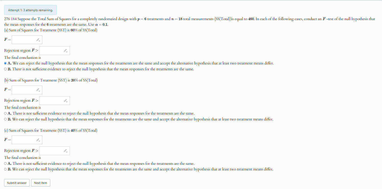Solved the mean responses for the 6 ﻿treatments are the | Chegg.com