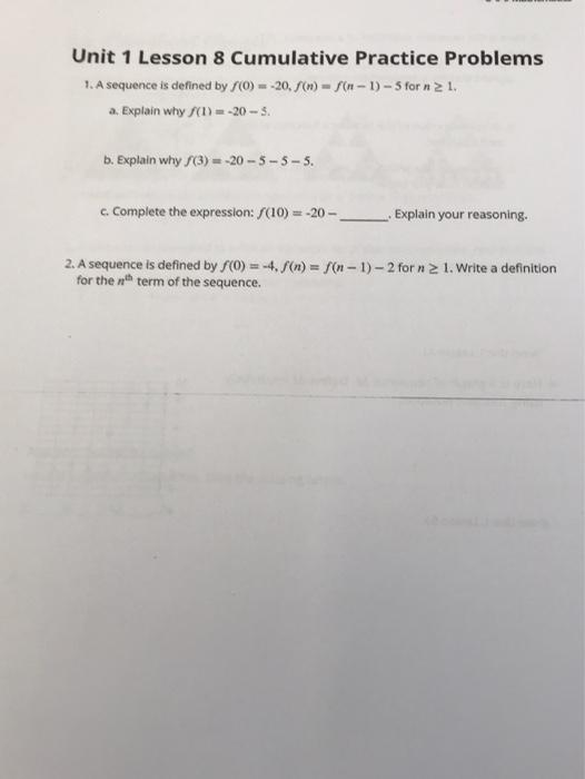 Solved Unit 1 Lesson 8 Cumulative Practice Problems 1 A