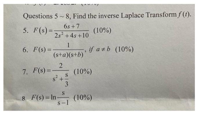 Solved Questions 5∼8, Find the inverse Laplace Transform | Chegg.com