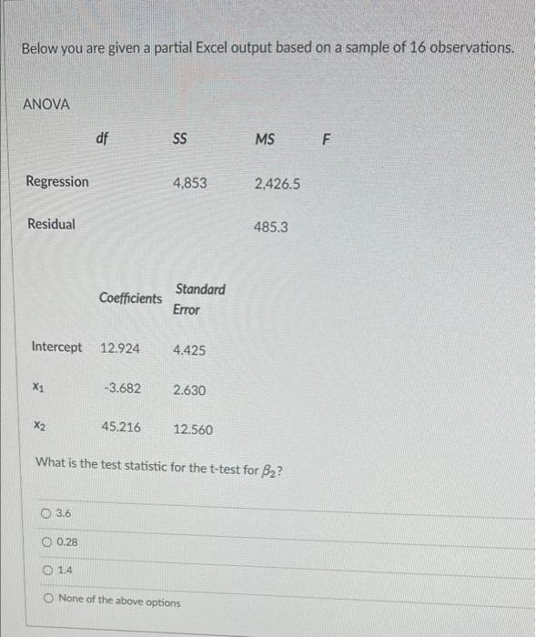 Solved Below You Are Given A Partial Excel Output Based On A